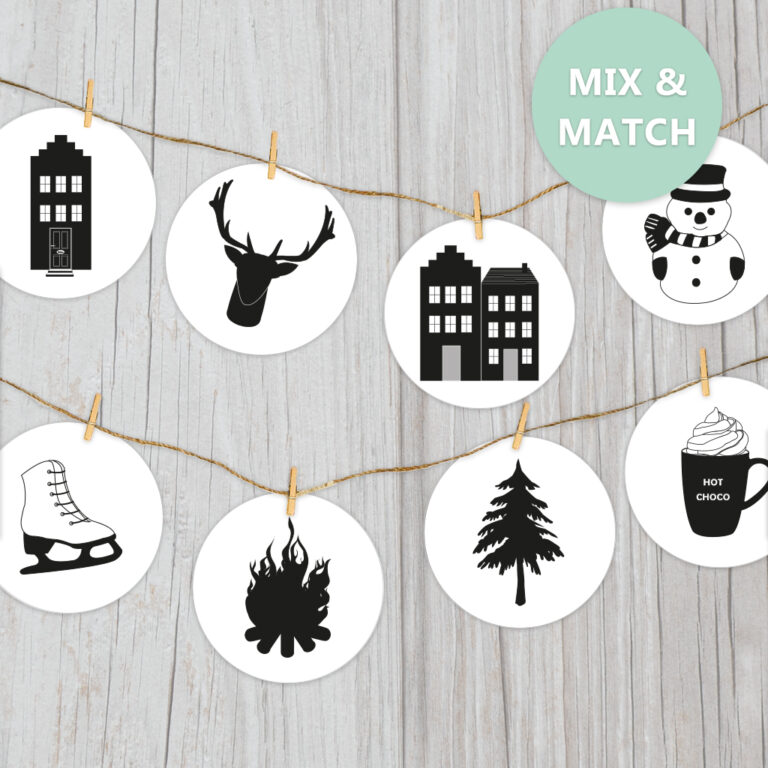 Kerst slinger printable - Zwart-wit-goud - 36 ronde kaartjes ...